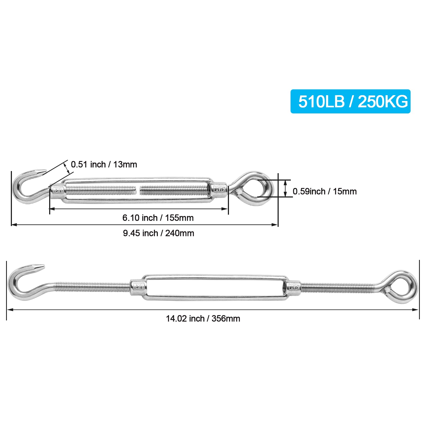 Snapklik.com : Seimneire 6 Pcs M10 Hook & Eye Turnbuckles 304 Stainless ...
