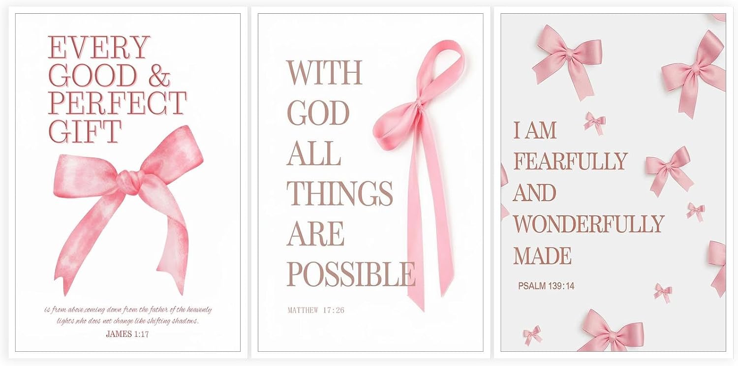 Amazon.com: Set of 3 Coquette Bow Wall Art Pink Bible Verse Posters ...