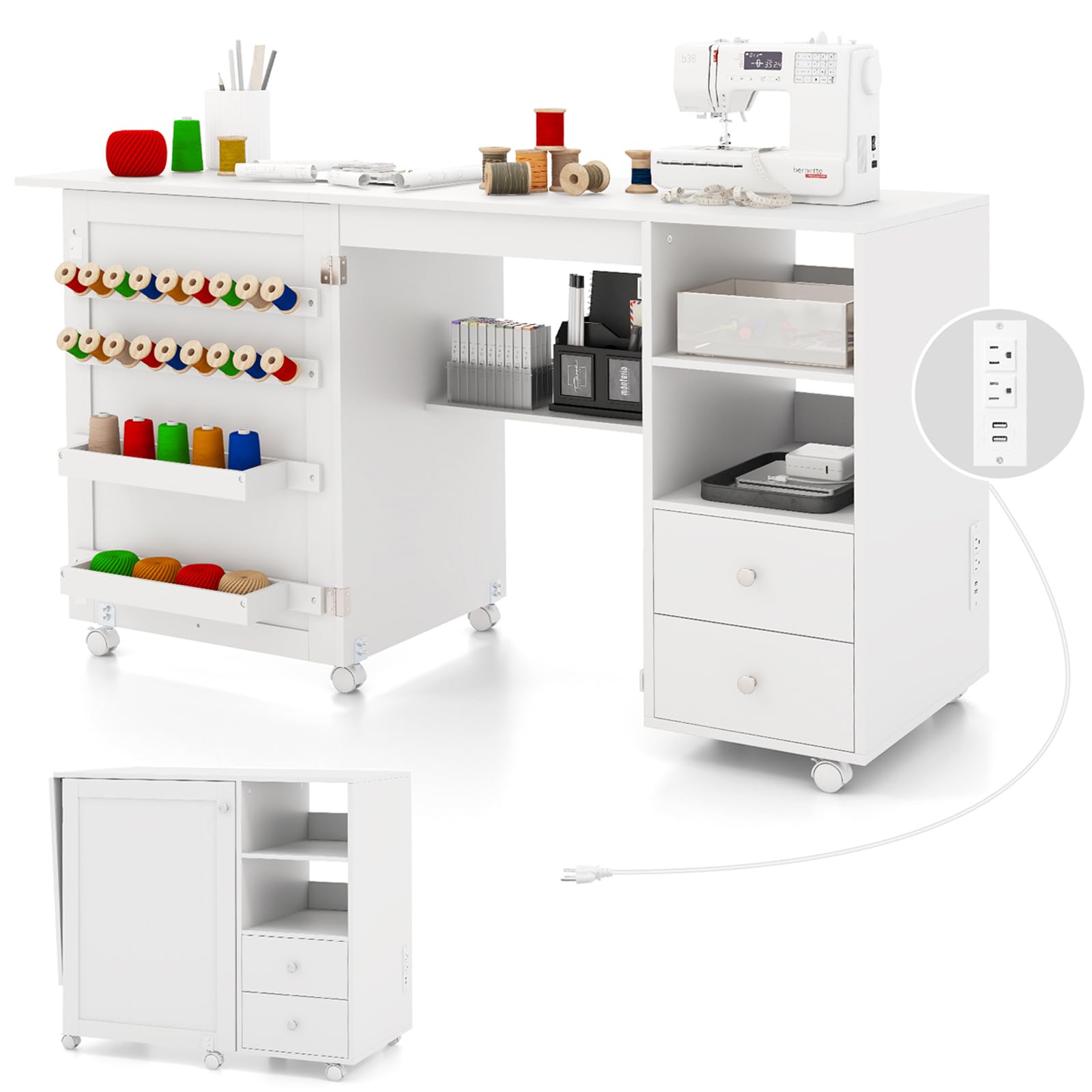 Giantex Folding Sewing Table with Charging Station, Rolling Craft Table ...