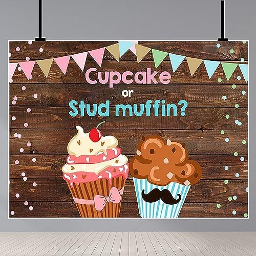 Amazon.com : Cupcake or Stud Muffin Gender Reveal Backdrops Rustic Wood ...