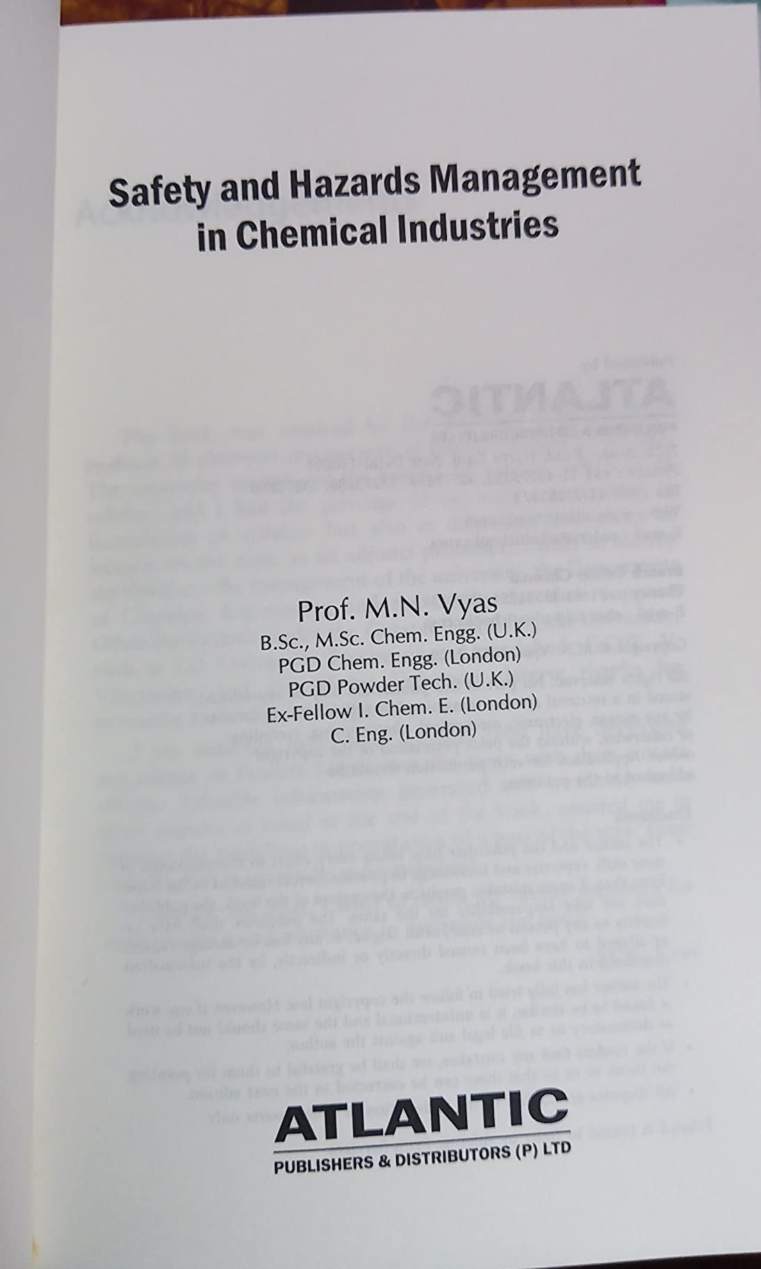 Safety And Hazards Management In Chemical Industries : M.N. Vyas ...