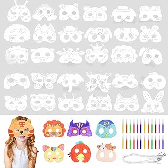 VLUVLA 32PCS Animal Masks for Kids, DIY Colouring Craft Kit with 32 ...