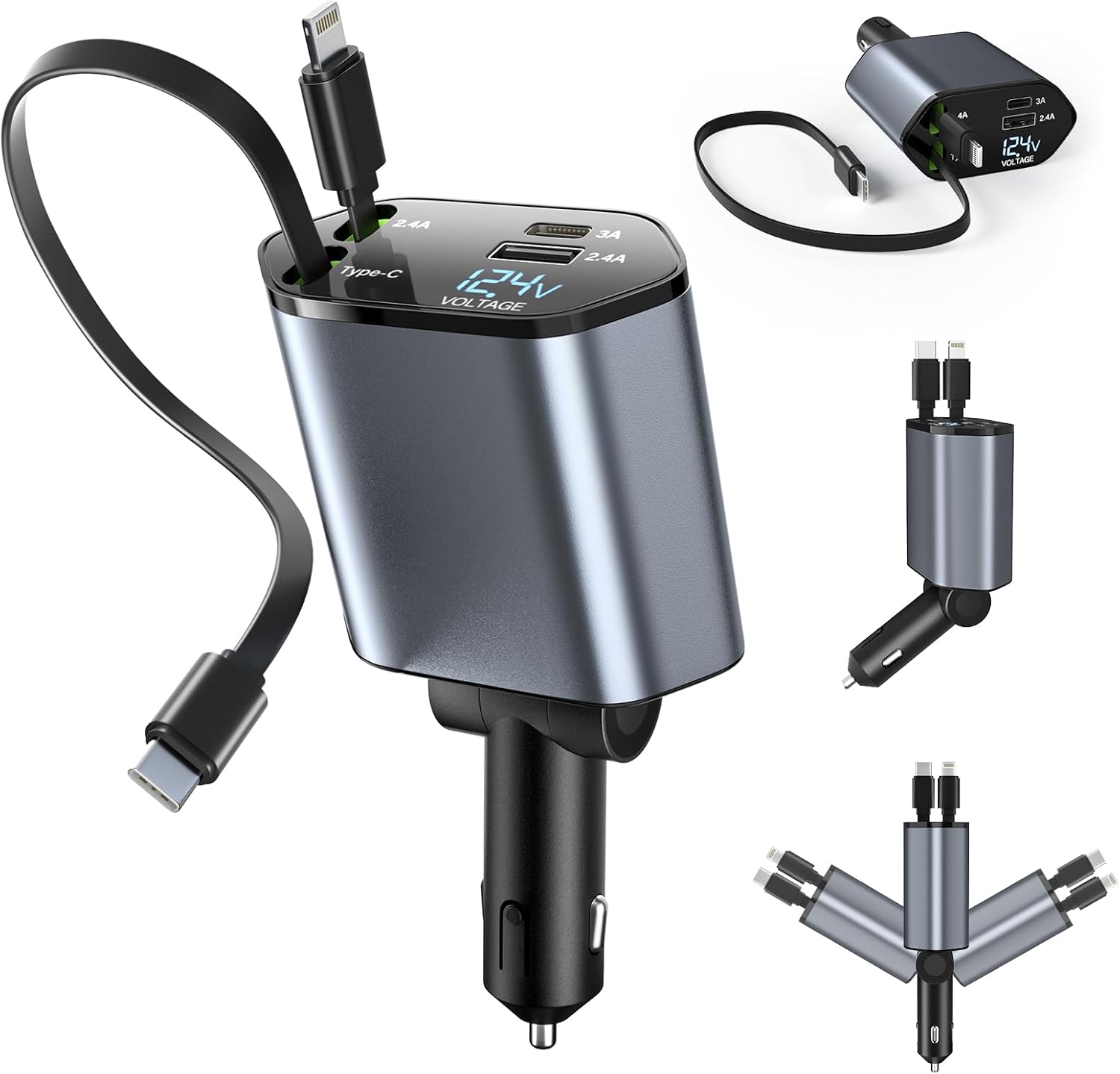 Amazon.com: Retractable Car Charger 66W, 4 in 1 Fast Charge Car Phone ...