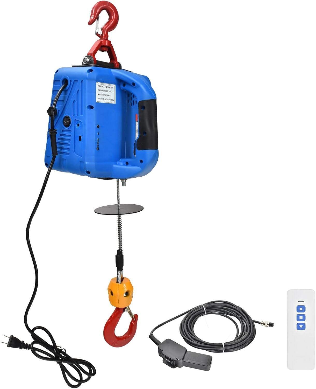 Amazon.co.jp: FKstyle【超頑丈鋼製ワイヤー搭載】電動ウインチ 100V 500kg 3WAY操作 過巻防止・安全設計 フック付 小型軽量モデル（ブルー/ブラック） : 産業 ...