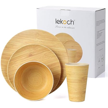 Amazon.com | LEKOCH 4 PCS Bamboo Dinnerware Set For 1, Reusable Bamboo ...
