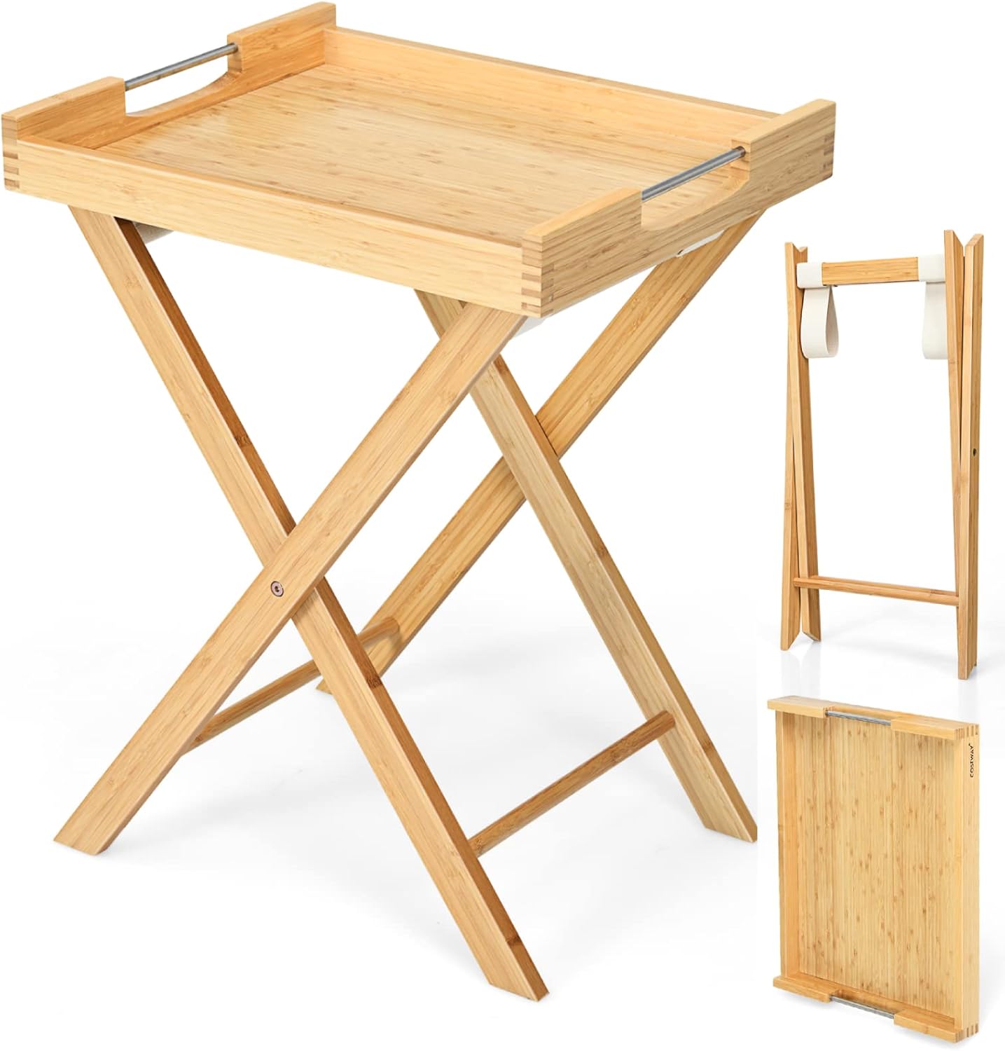 TANGZON Folding Bamboo Tray Table, Butler Tray Side Table with Steel ...
