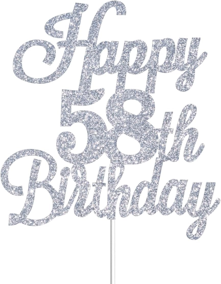Amazon.com: Happy 58th Birthday Cake Toppers Silver Glitter, Cheers to ...