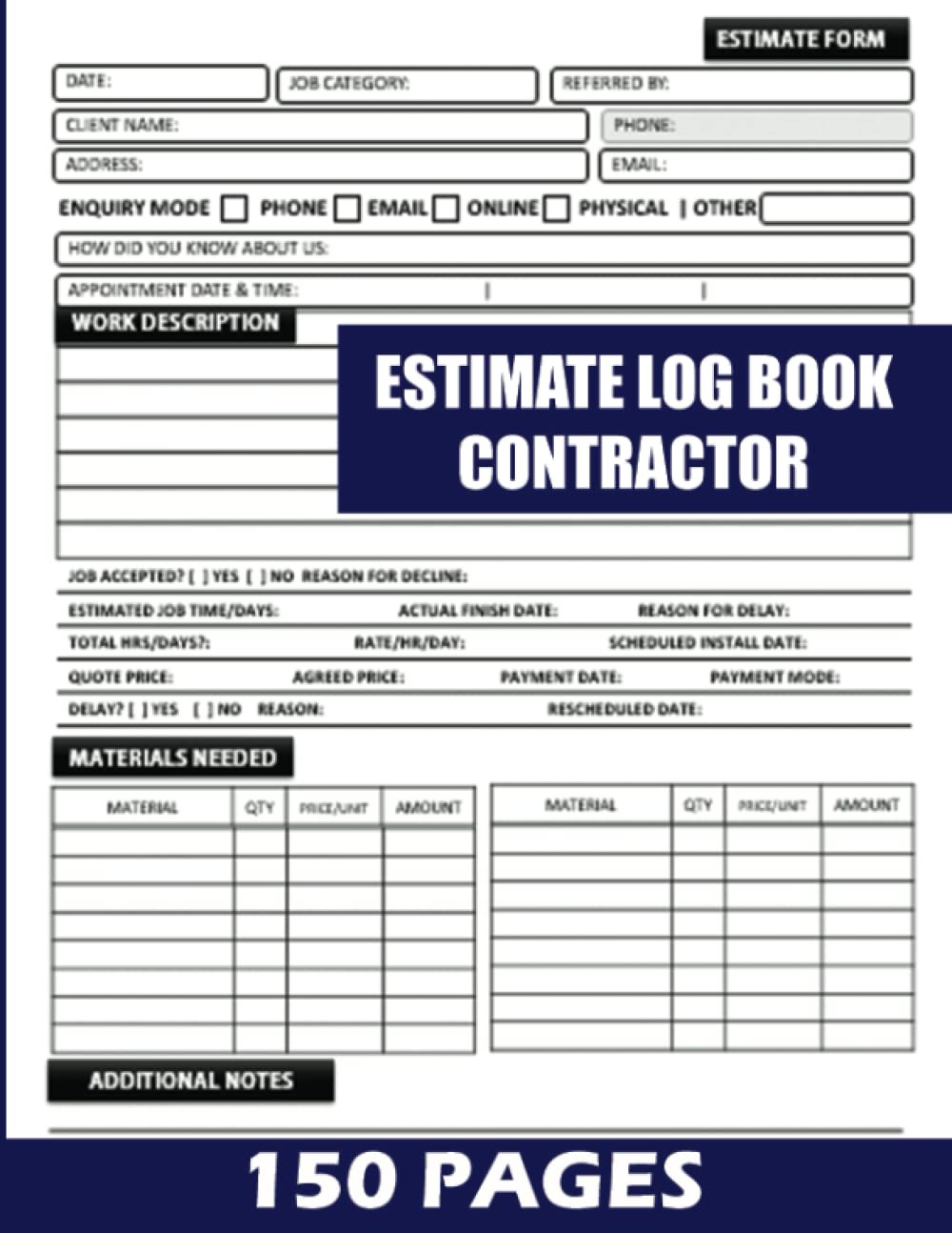 Estimate Log Book Contractor: Plus 13 Months Appointment Planner. Work ...