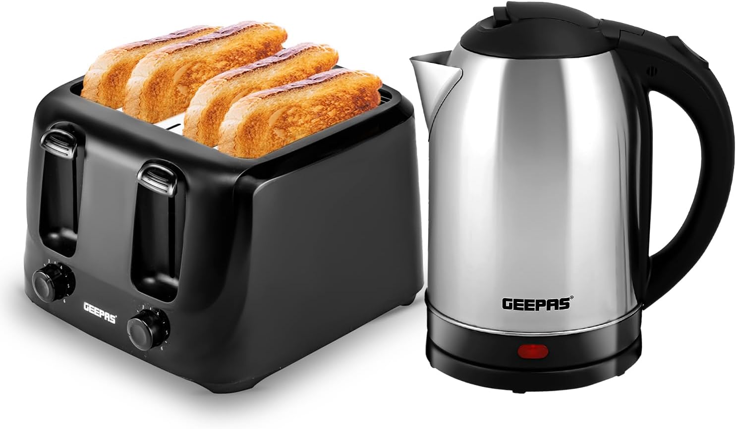 Geepas Electric Kettle & 4 Slice Bread Toaster Kitchen Set | 1500W 1.8L Stainless Steel Cordless ...