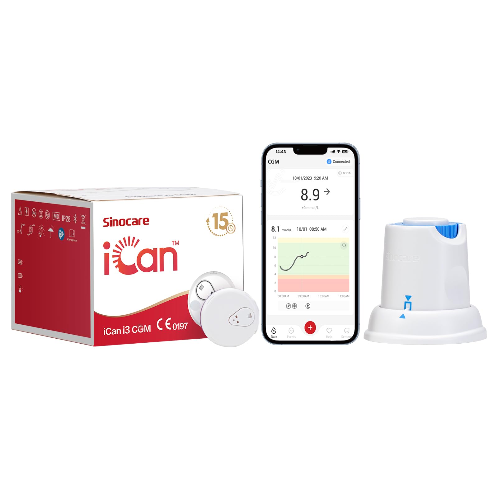 Sinocare iCan i3 CGM, UPTO 15 Days Continuous Glucose Monitor, Blood ...