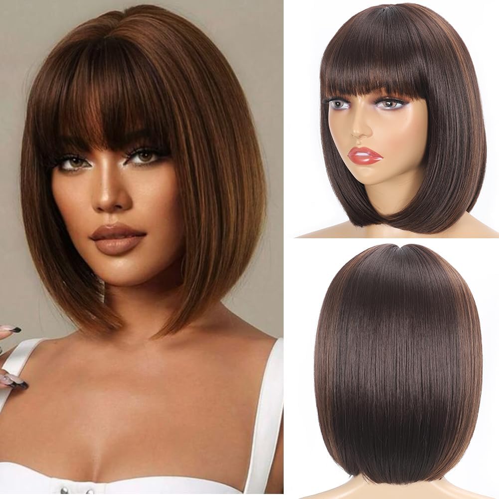 Amazon.com : GUOJIAN 12 Inch Short Bob Wigs with Bangs Straight Bob ...