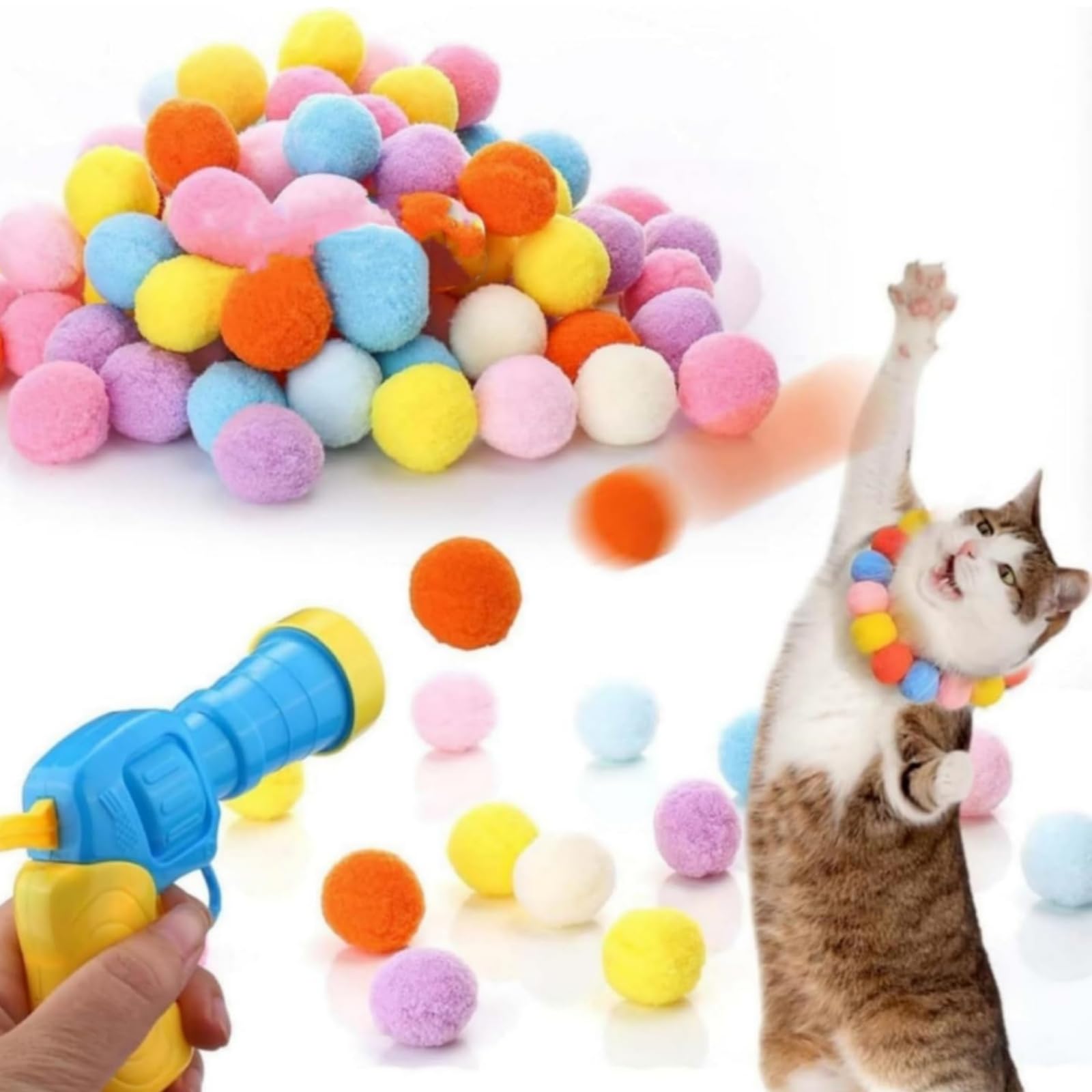 Amazon | 猫おもちゃ 猫ボール 猫ポンポンボール 混合色 ボールランチャー1個 おもちゃ 猫用ボール ネコストレス解消 運動不足対策 ...