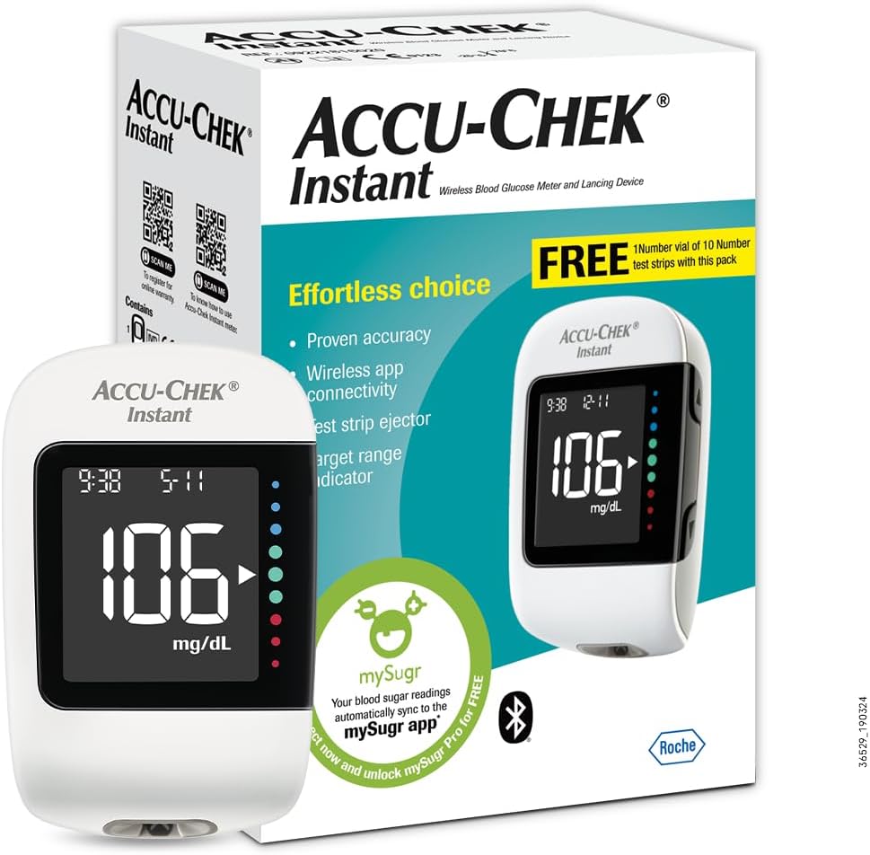 Accu-Chek Instant glucometer with 10 Test Strips Free (White) - Package ...