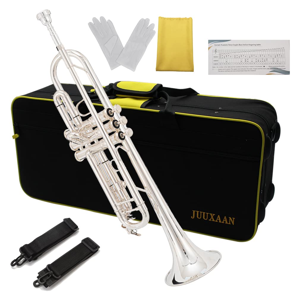 JUUXAAN Brass Standard Bb Trumpet Instrument with Hard Case (silver ...