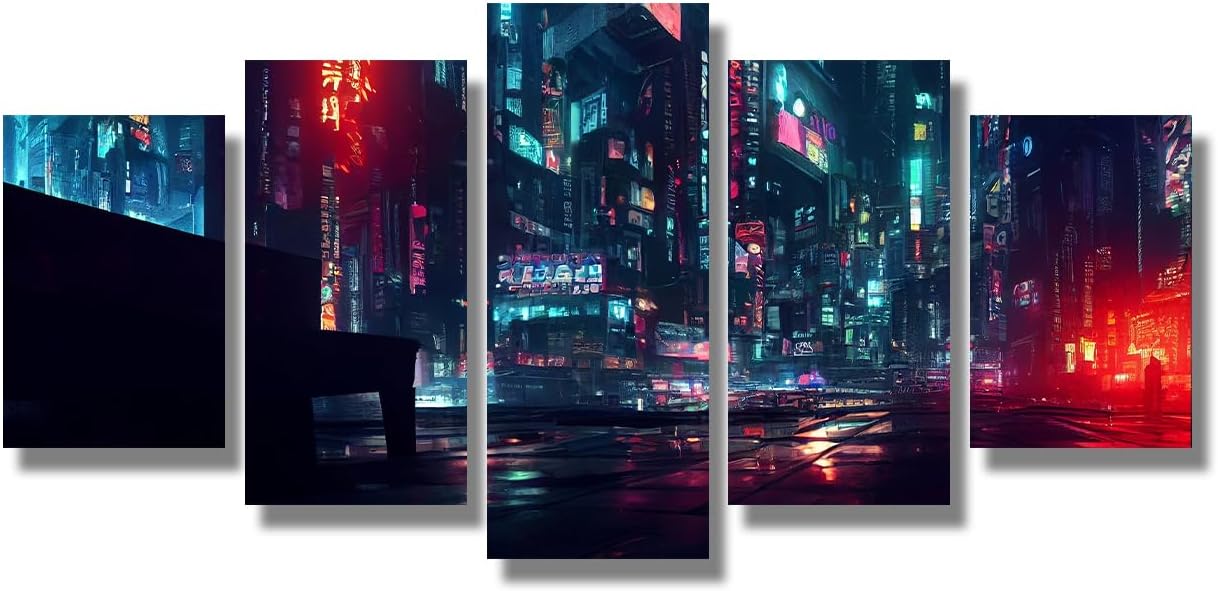 Amazon.com: LSIUHWUWI 5 Panel Canvas Wall Art Cityscape Cyberpunk Home ...