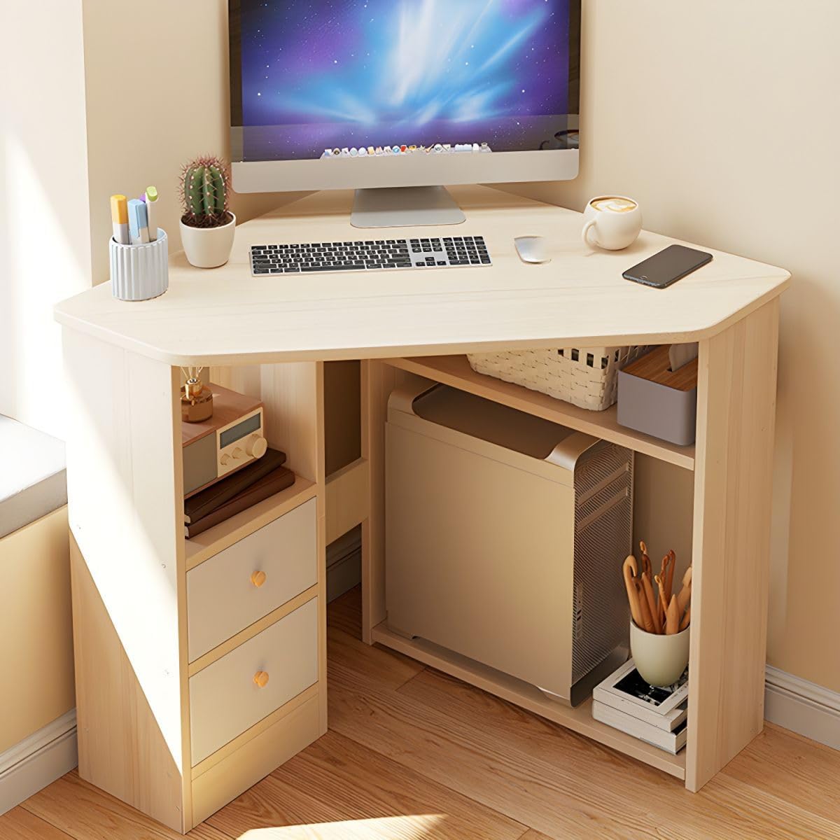 Amazon.com: KWOKING Corner Computer Desk with Wood Pedestal Base & 3 ...