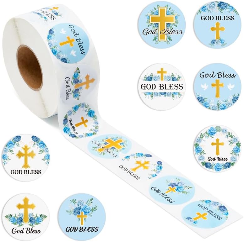Amazon.com: Greenery and Gold Cross Baptism Favor Stickers - 1.75 in ...