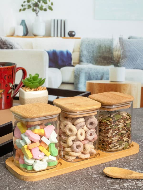 Buy Goodhomes Glass Storage Jar Set with Wooden Lid & Tray (Set of 3pcs ...