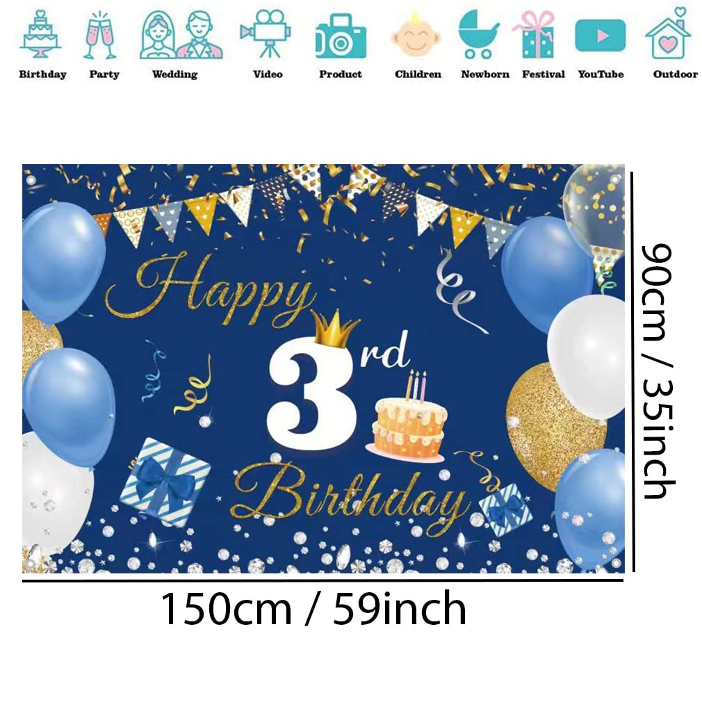 3rd Birthday Backdrop Happy Banner - Blue Fabric Sign For Party ...