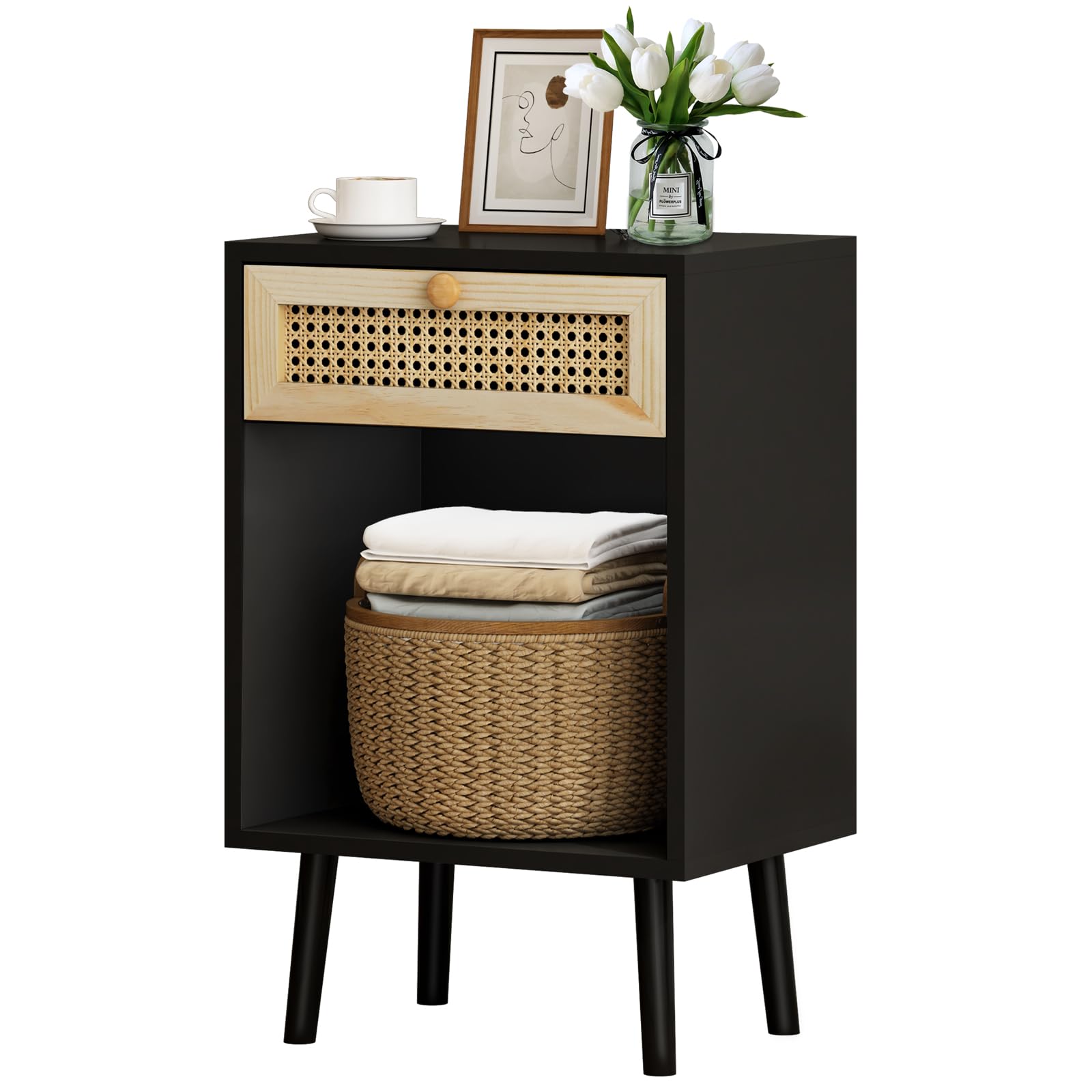 Black Nightstand with Rattan Drawer - Boho Night Stand 24 inch High ...