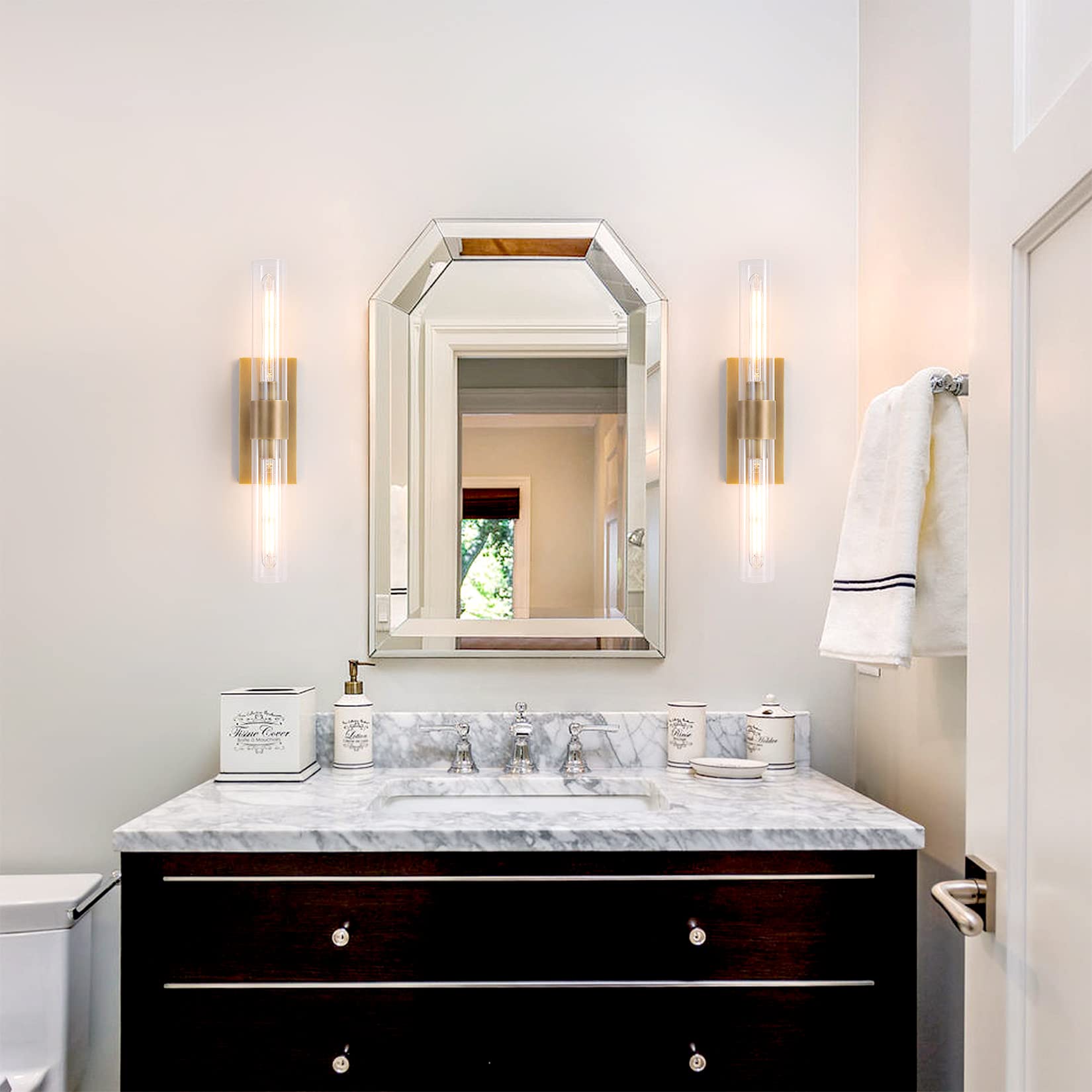 YUYI Brass Wall Sconces Set of Two, Bathroom Light with Clear Glass ...