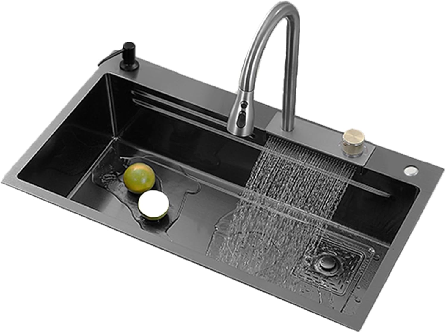 Stainless Steel Sink With Hot & Cold Pull-Out Faucet, Black Waterfall ...