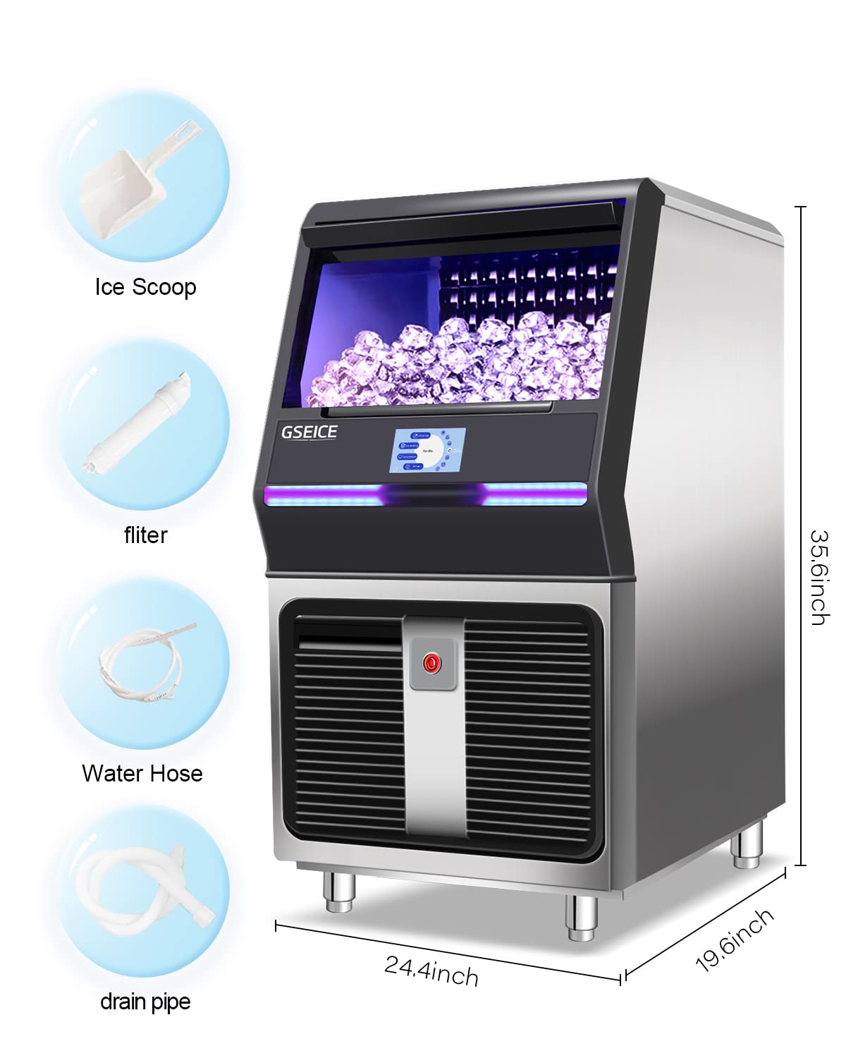 GSEICE Commercial Ice Maker Machine 200LBS/24H, Advanced 4.3 inch Touch ...