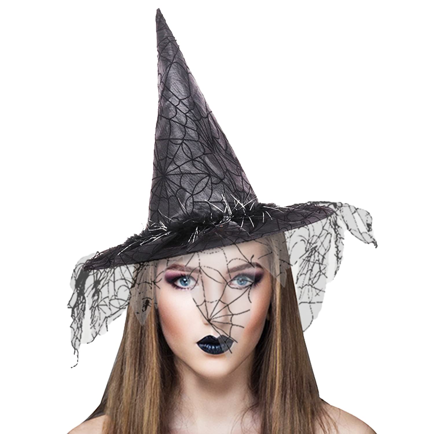 Moyubath Halloween Witch Hat for Women Vintage Lace Veils Printed Hats ...