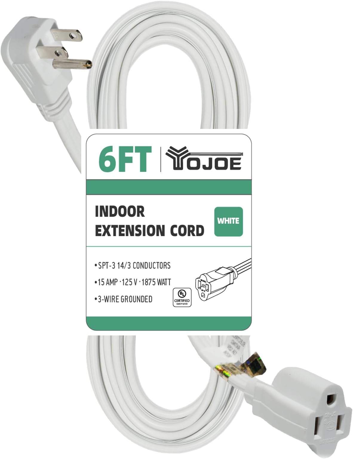 Amazon.com: YOJOE 14/3 White Flat Plug Extension Cord 6 feet, 14AWG ...