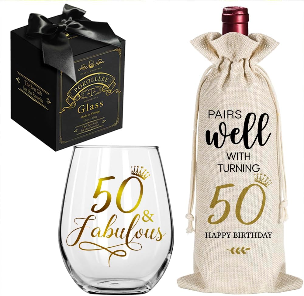 Amazon.com | Pokolllee 50 & Fabulous 50th Birthday Wine Glass Gifts for ...