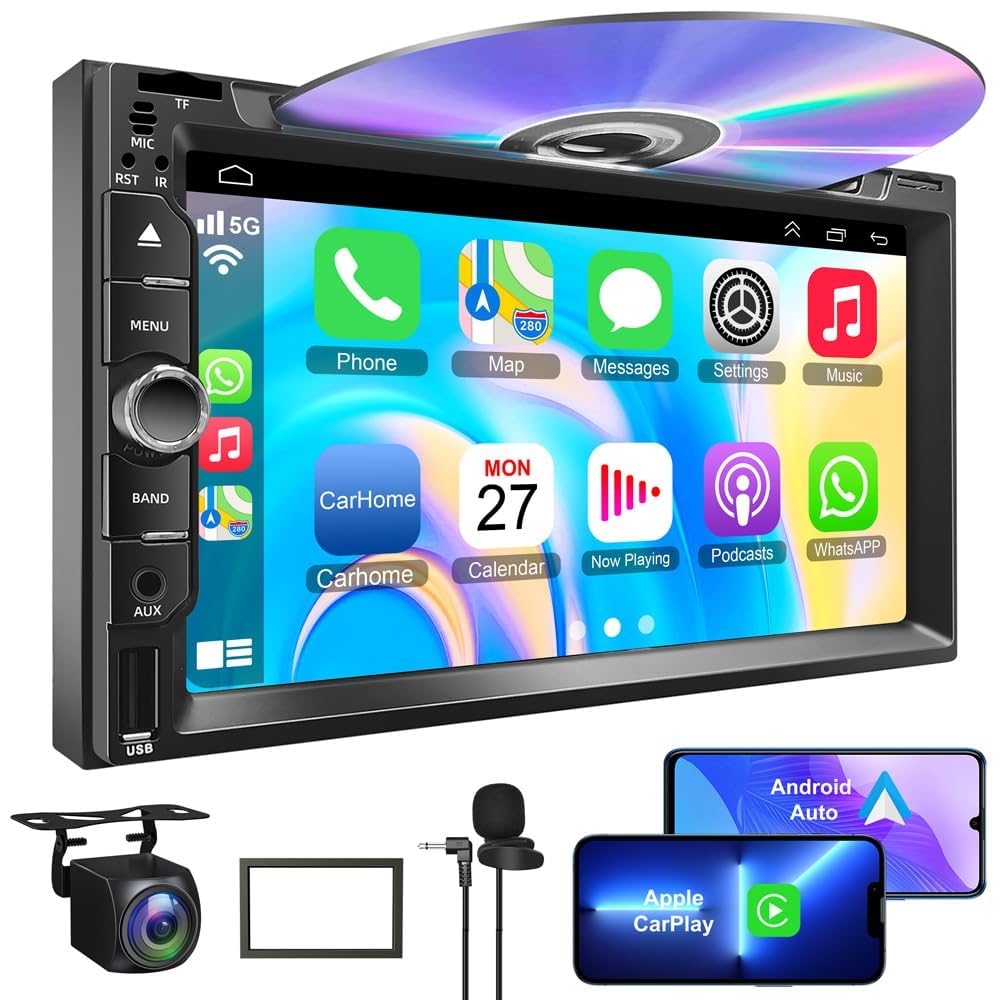 Amazon.com: Double Din car Stereo with CD/DVD Player- CarPlay & Android ...