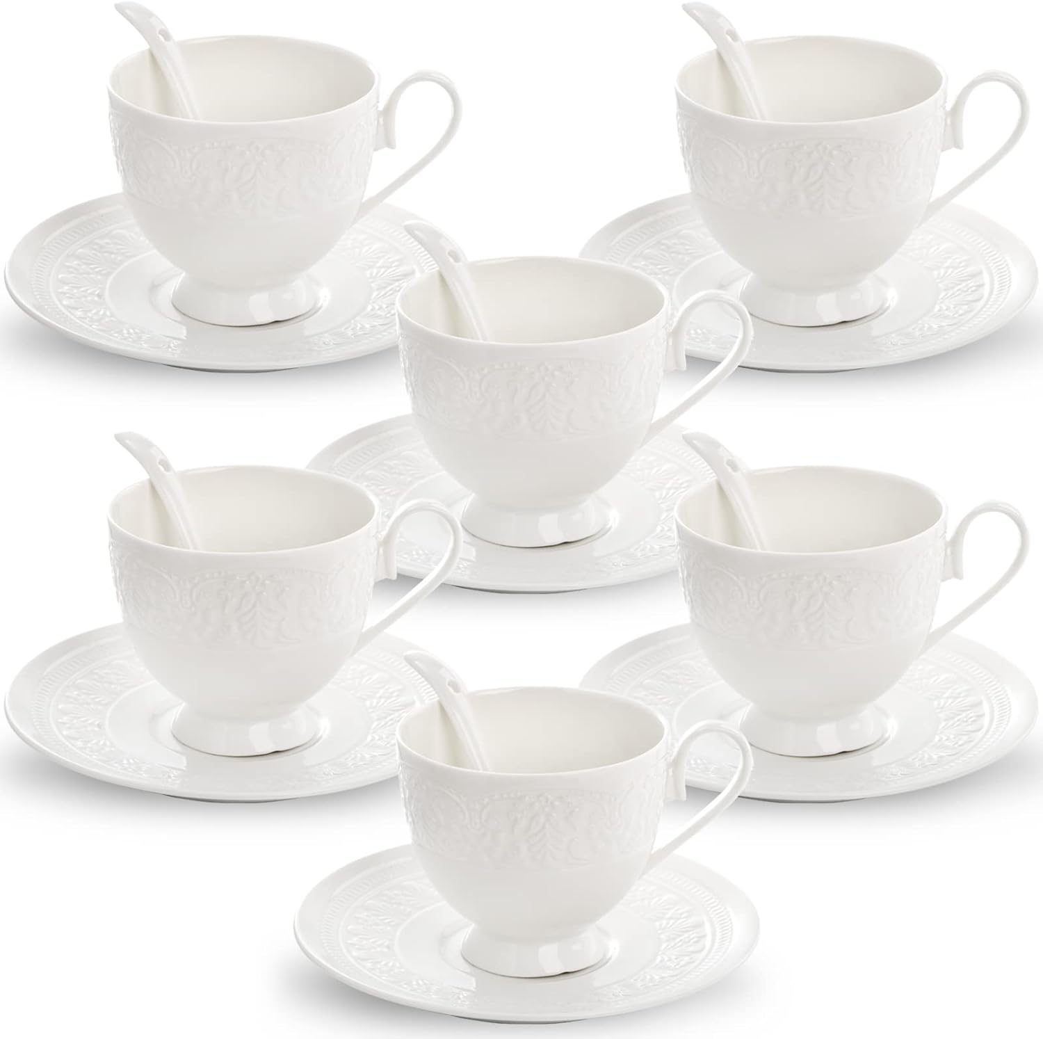 Amazon.com | Youeon Set of 6 Porcelain Tea Cups and Saucers, 8 Oz White ...