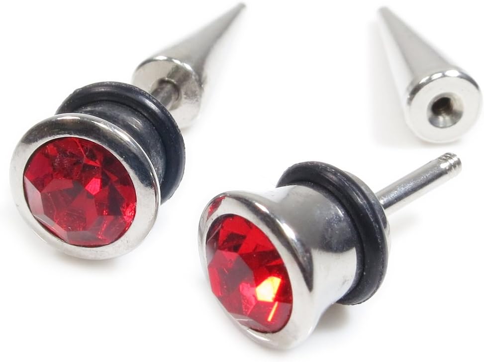 Amazon.com: Pair Stainless Steel Fake Stretcher Earrings Red Cubic ...