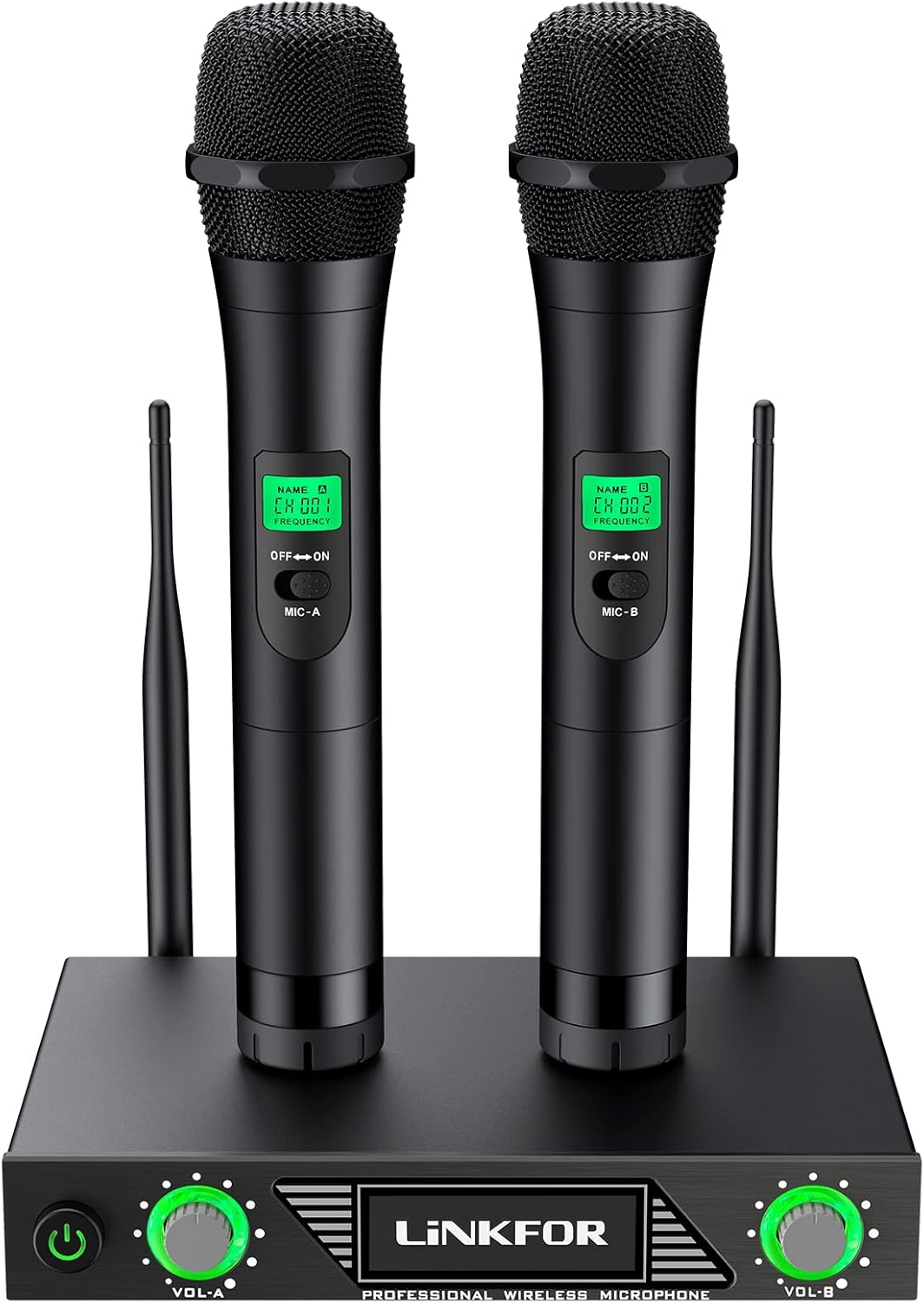 LiNKFOR UHF Wireless Microphone System with Certified Power Adapter Dual Channel Handheld ...