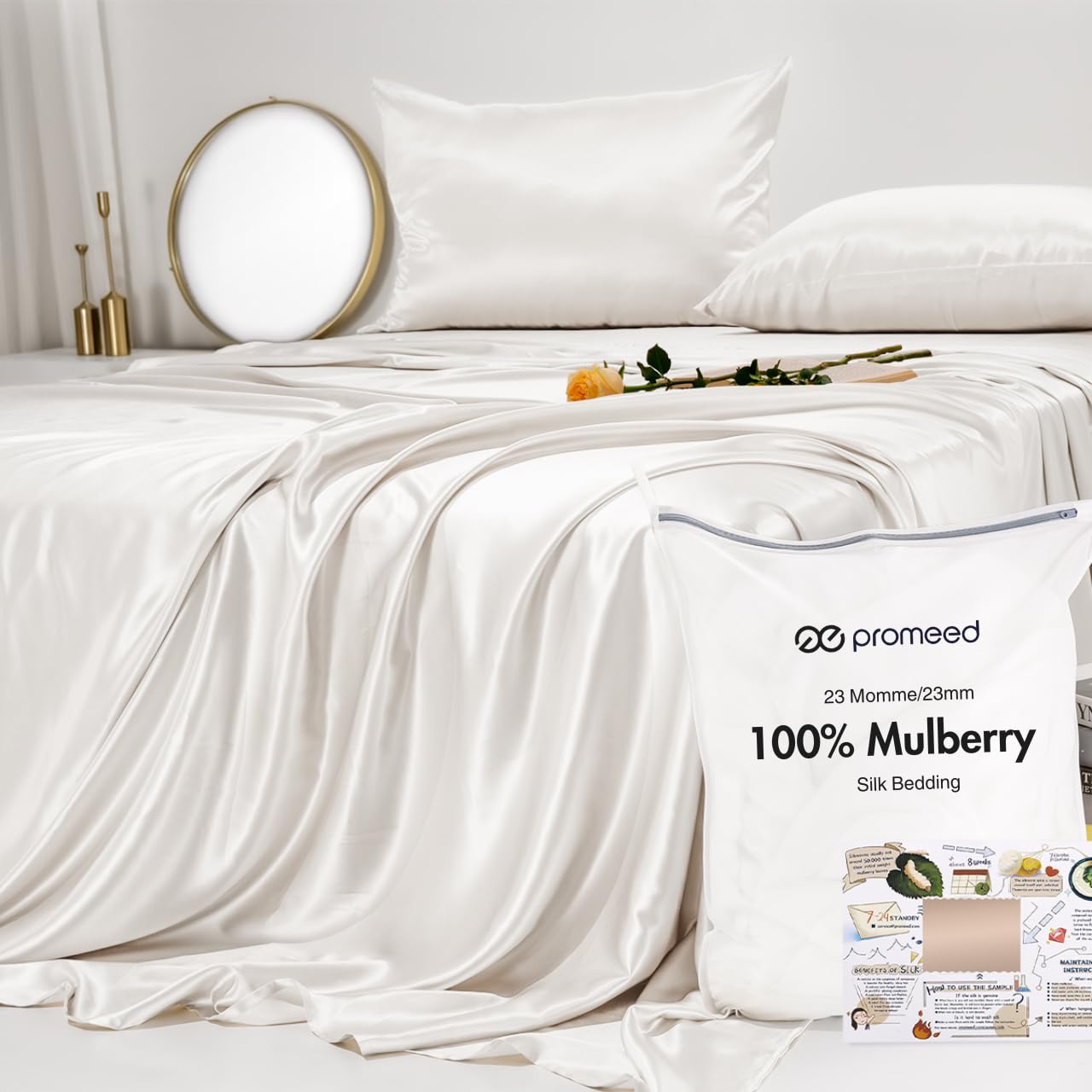 Amazon.com: PROMEED 100% Pure Mulberry White Silk Sheet Set 4pcs, 23 ...