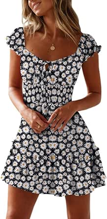 YOBECHO Womens Summer Ruffle Sleeve Sweetheart Neckline Printing Dress ...