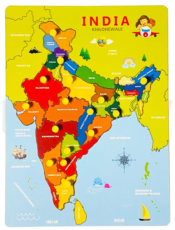 Khilonewale Map of India Wooden Puzzle (16 Pieces) for Kids Age 3 ...