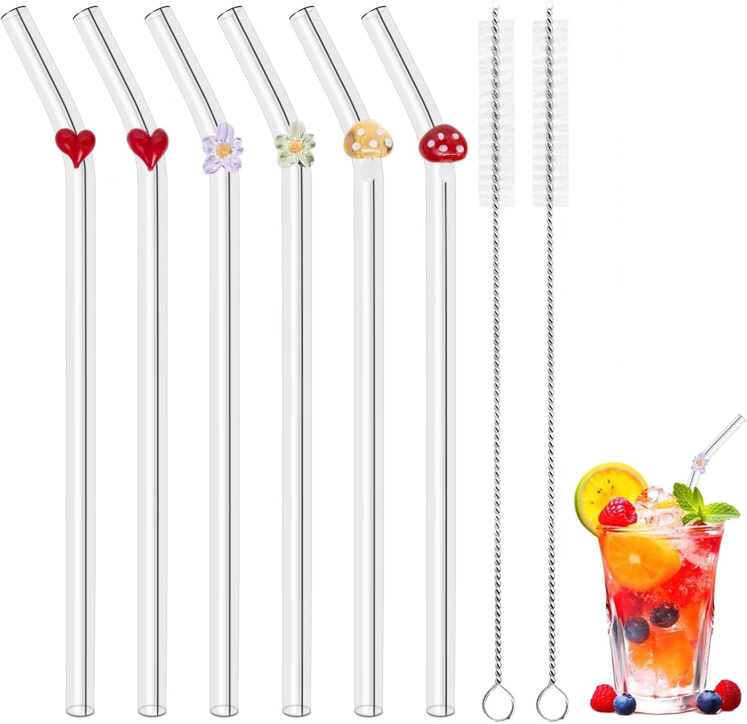 6 PCS Glass Straws with Different Charms, Cute Reusable Straws with 2 ...