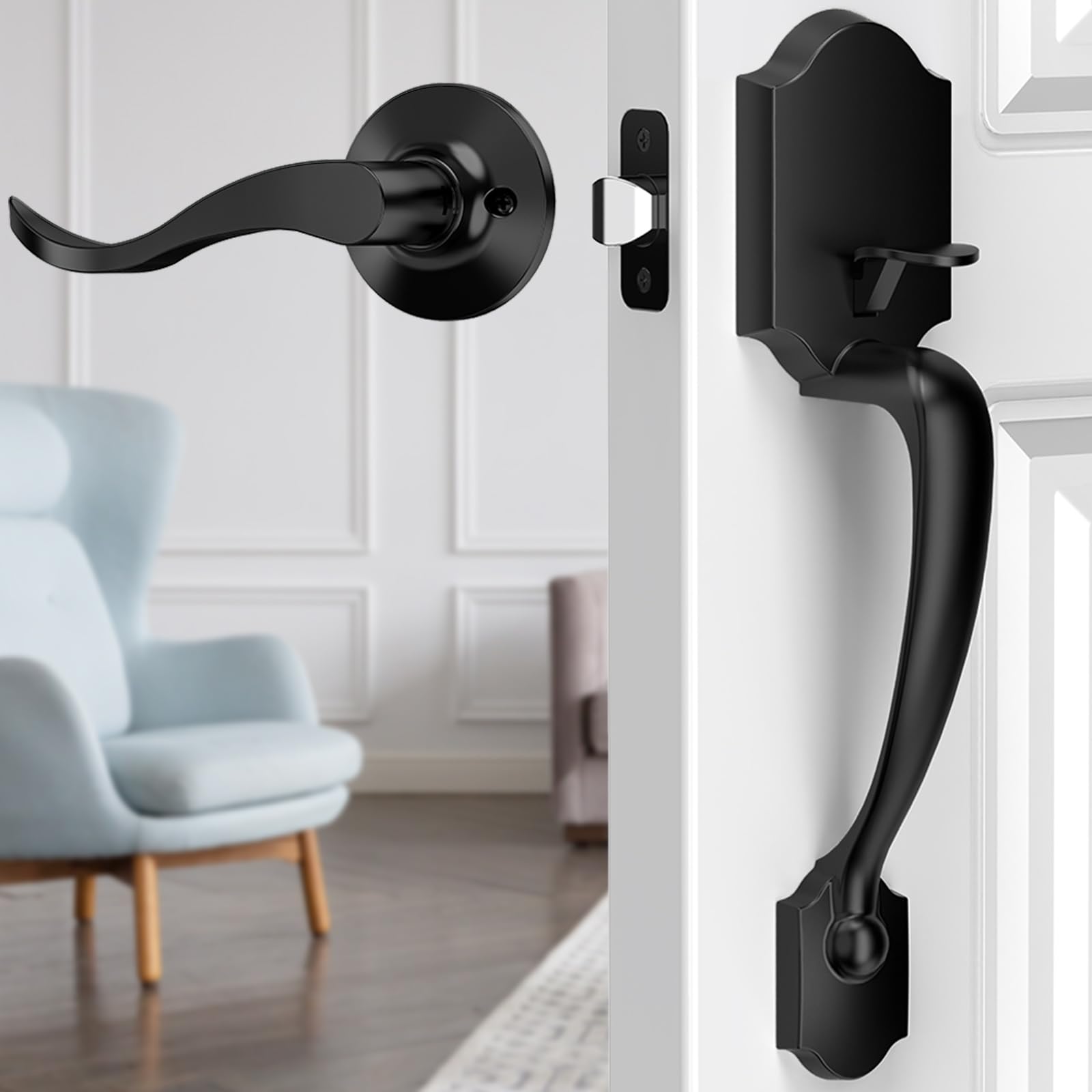 MAXECURITY Front Door Handle, Black Exterior Door Handle with ...