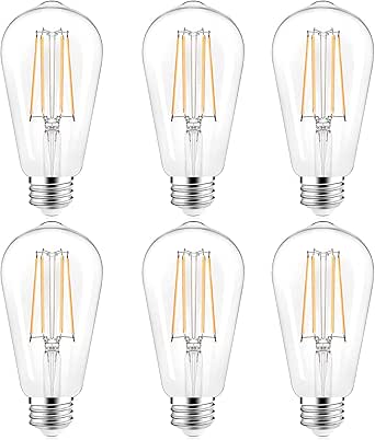 JIPRES 6-Pack Vintage Led Edison Bulb, 6w:2700K E26 Base, ST58 Antique LED Filament Bulbs ...
