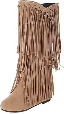 Amazon.com | Boots for Women Vintage Fringe Winter Boots Chunky Heel ...
