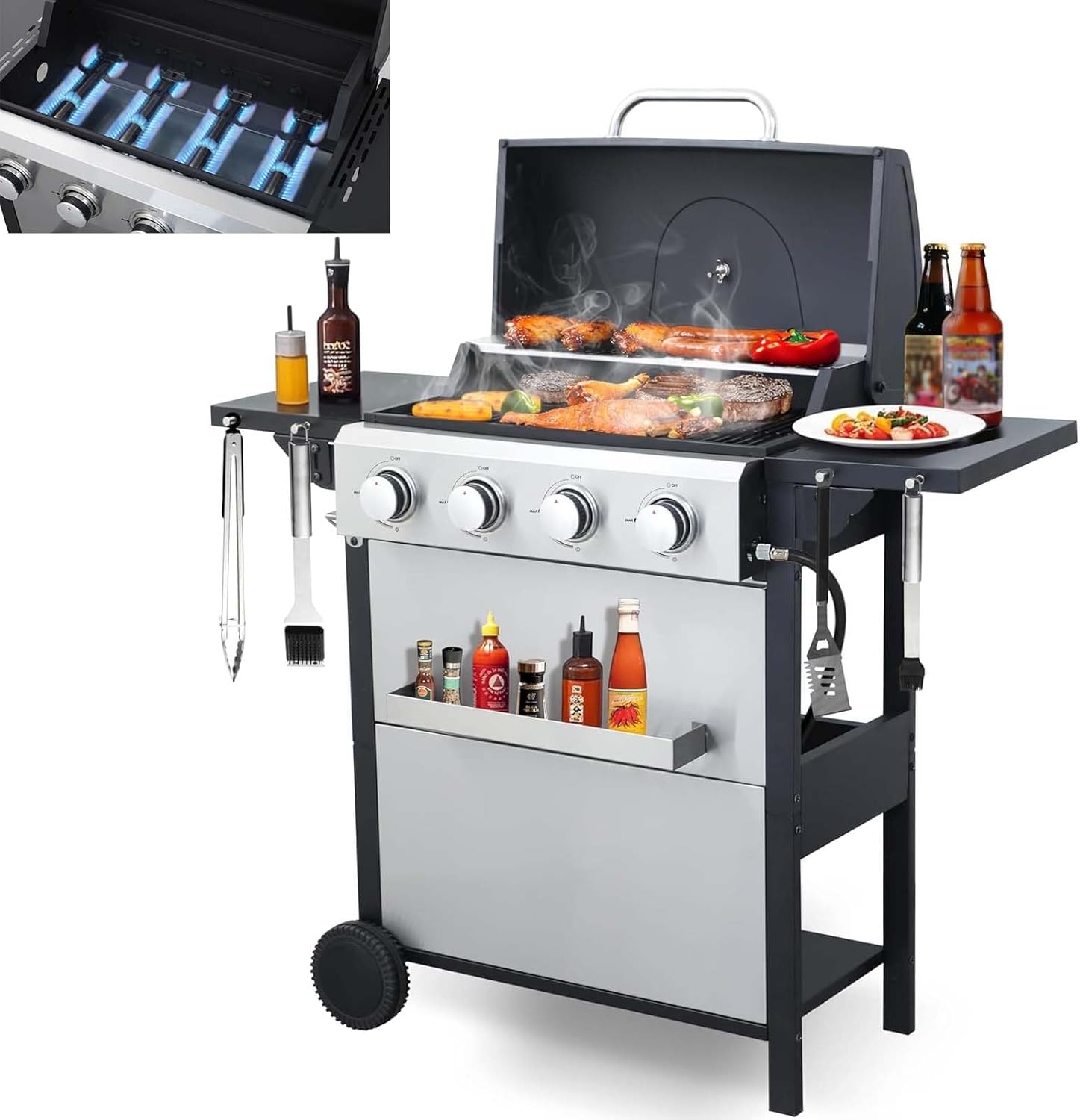 Amazon.com: 4-Burner Propane Gas Grill with 2 Foldable Side Tables ...