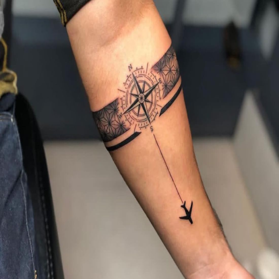 ORDERSHOCK Aeroplane With Compass Hand Band Tattoo Design For Male And ...