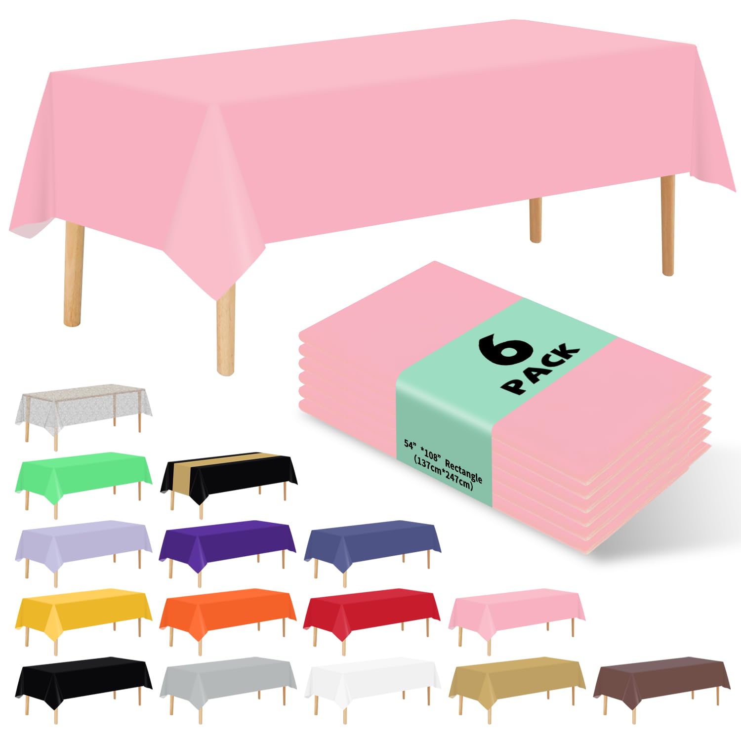 Amazon.com: 6 Pack Premium Disposable Plastic Tablecloth 54" x 108 ...