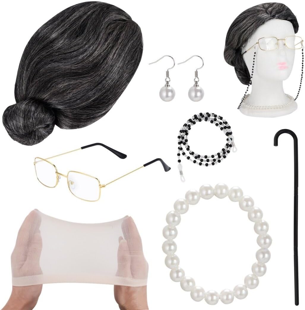 Amazon.com: COYLINK 7pcs Old Lady Costume Set with Wig Costume Hair up ...