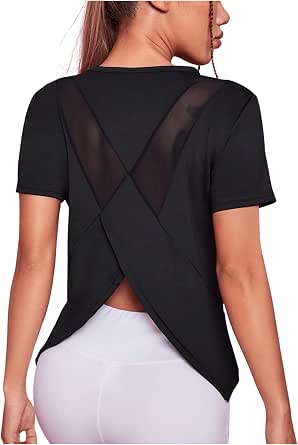 Amazon.com: SweatyRocks Women's Workout Tops Short Sleeve Mesh Split ...