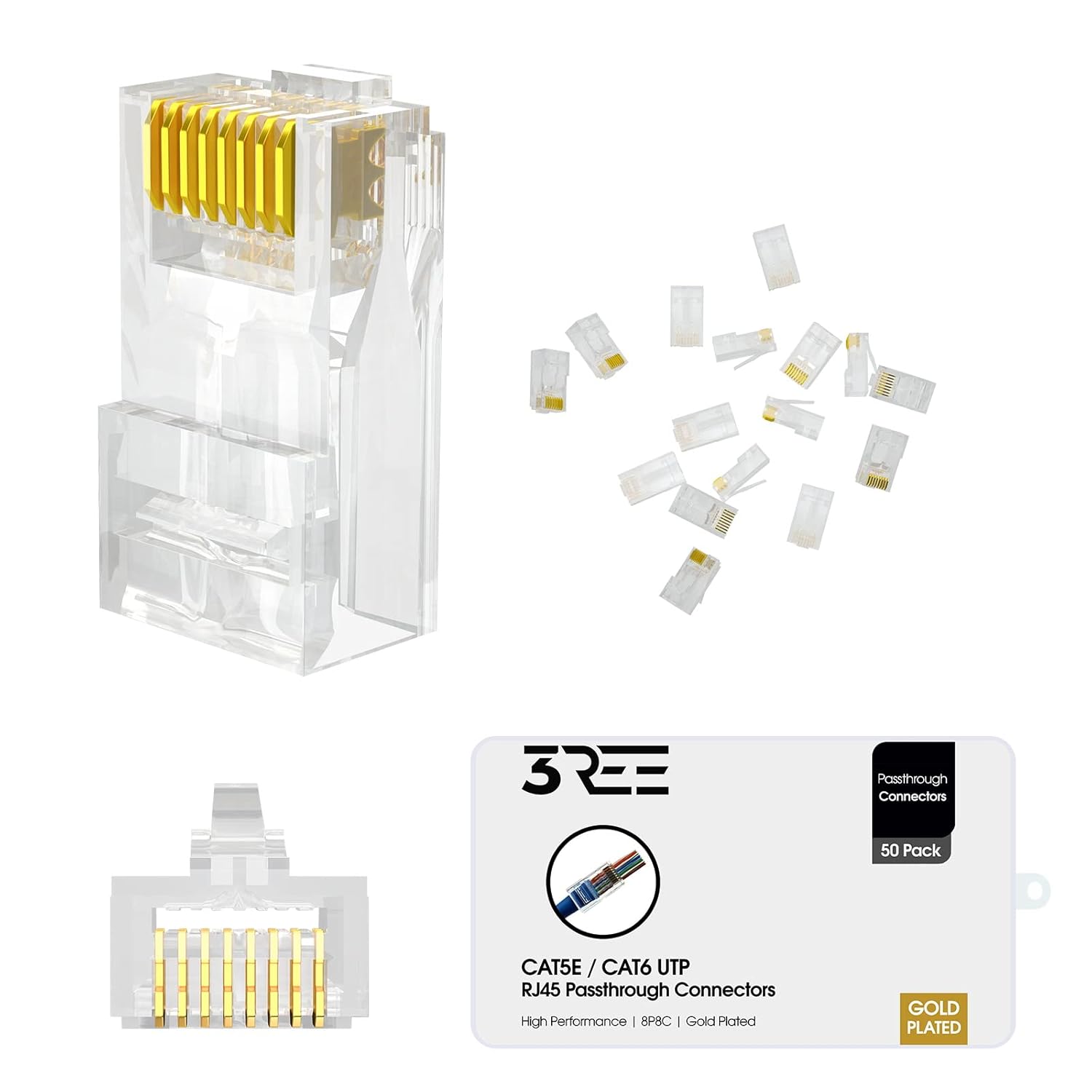3REE – Rj45 Cat6 Passthrough Connectors, Gold Plated, Rj45 Modular ...
