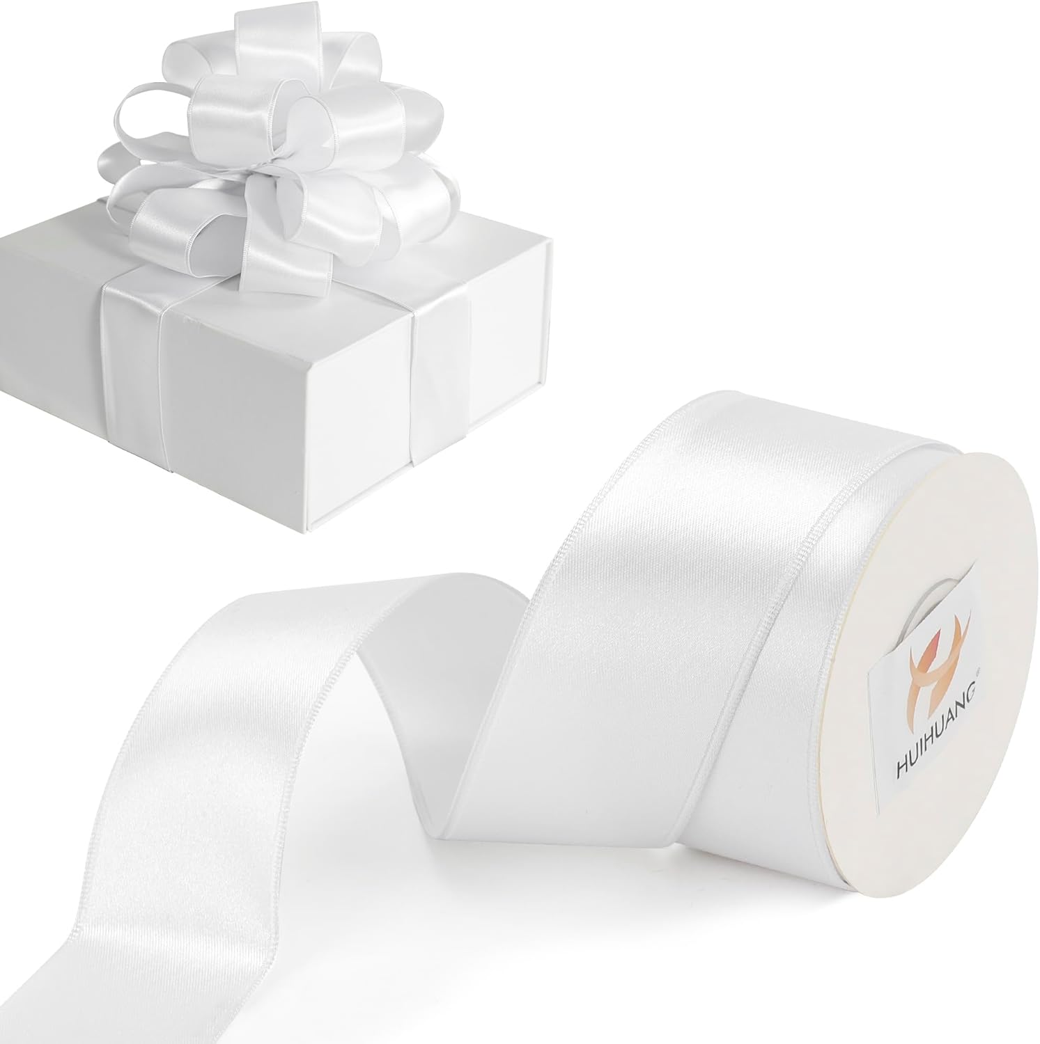 Amazon.com: HUIHUANG White Satin Wired Ribbon 1-1/2 inch White Double ...