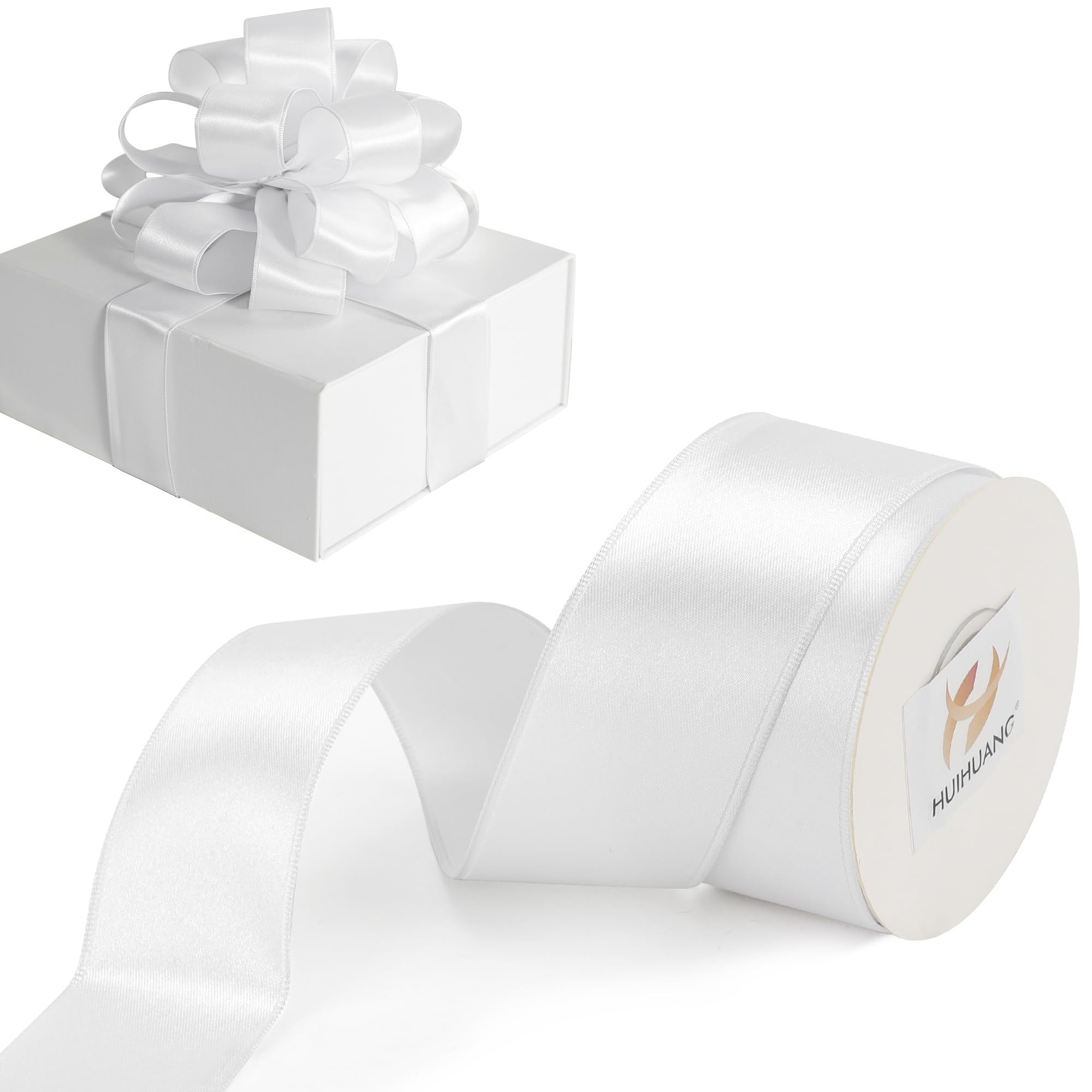 Amazon.com: HUIHUANG White Satin Wired Ribbon 1-1/2 inch White Double ...