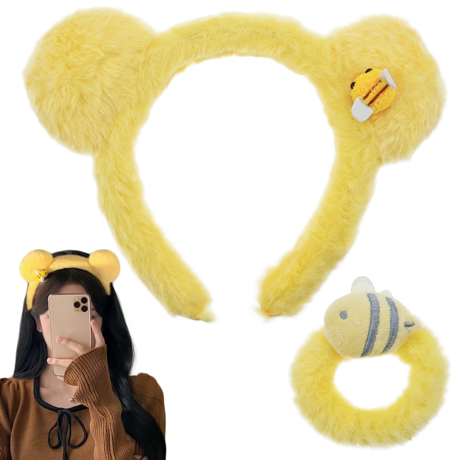 Amazon.com: Yellow Plush Bear Ears Headband and Hair Ties, 2-Piece Spa ...